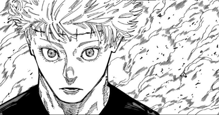 Okkotsu Yuta trong thân xác của Gojo trong chap 261 Jujutsu Kaisen